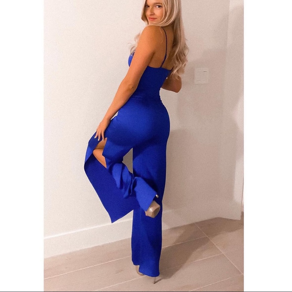 Express Royal Blue Satin Split Leg Jumpsuit - Gem